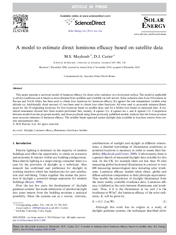 (PDF) A model to estimate direct luminous efficacy based on satellite data