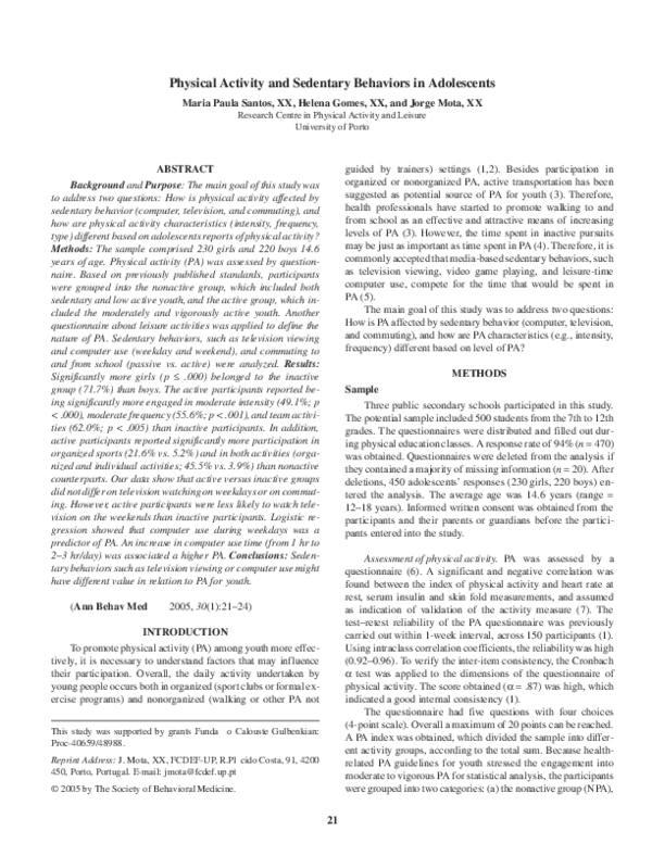 (PDF) Physical Activity and Sedentary Behaviors In Adolescents