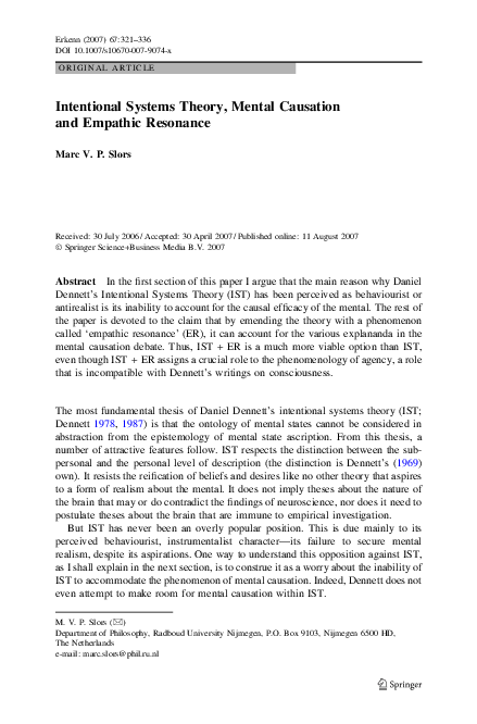 (PDF) Intentional Systems Theory, Mental Causation and Empathic Resonance