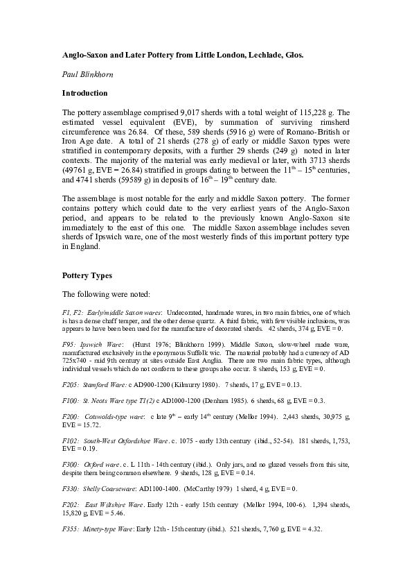 (DOC) Anglo-Saxon and Later Pottery from Little London, Lechlade, Glos.
