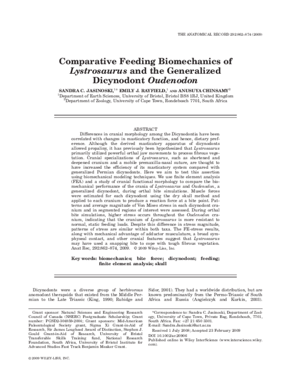 (PDF) Comparative feeding biomechanics of Lystrosaurus and the ...