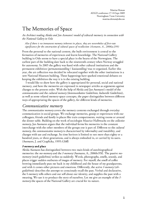 (PDF) The Memories of Space. An Architect Reading Aleida and Jan ...