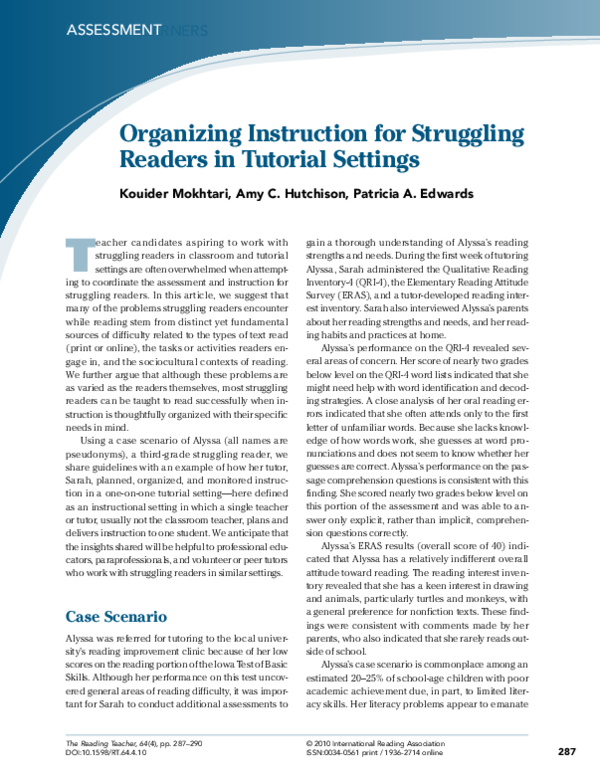 (PDF) Organizing Instruction for Struggling Readers in Tutorial Settings