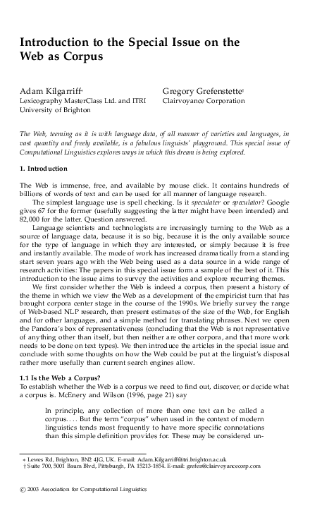 (PDF) Introduction to the Special Issue on the Web As Corpus