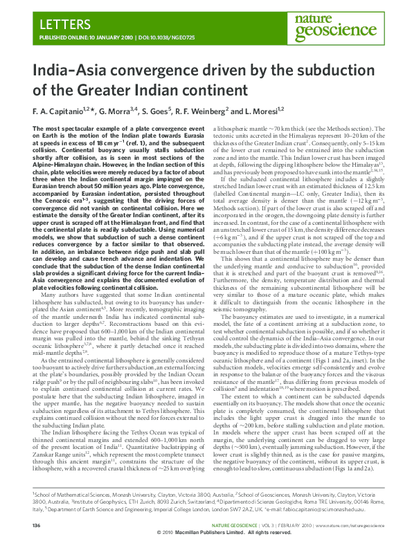 (PDF) India–Asia convergence driven by the subduction of the Greater ...