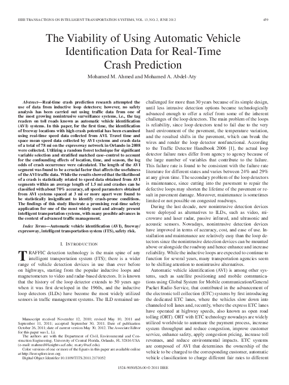 (PDF) The Viability of Using Automatic Vehicle Identification Data for Real-Time Crash Prediction
