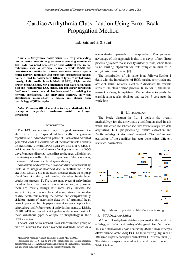 (PDF) Cardiac Arrhythmia Classification Using Error Back Propagation Method (PDF) Cardiac Arrhythmia Classification Using Error Back Propagation Method