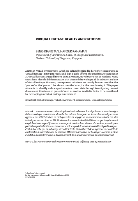(PDF) VIRTUAL HERITAGE : REALITY AND CRITICISM