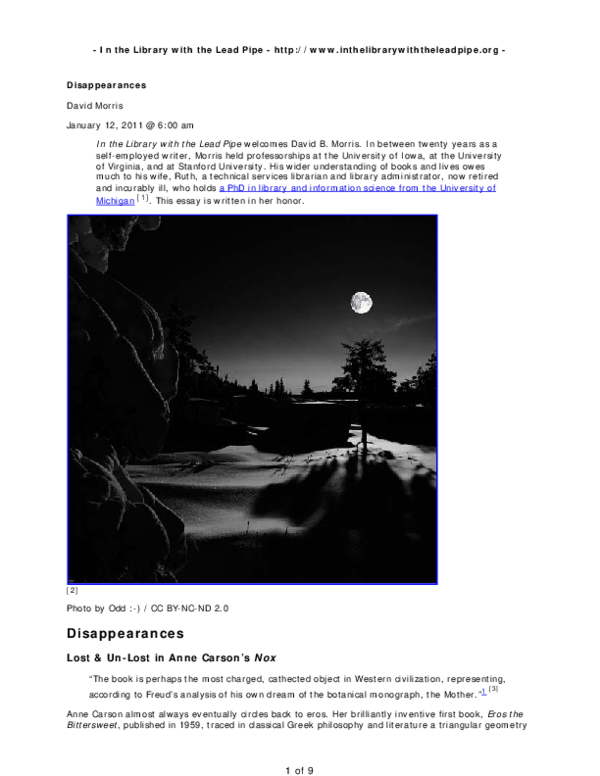 (PDF) Disappearances: Lost and Un-lost in Anne Carson's *Nox*