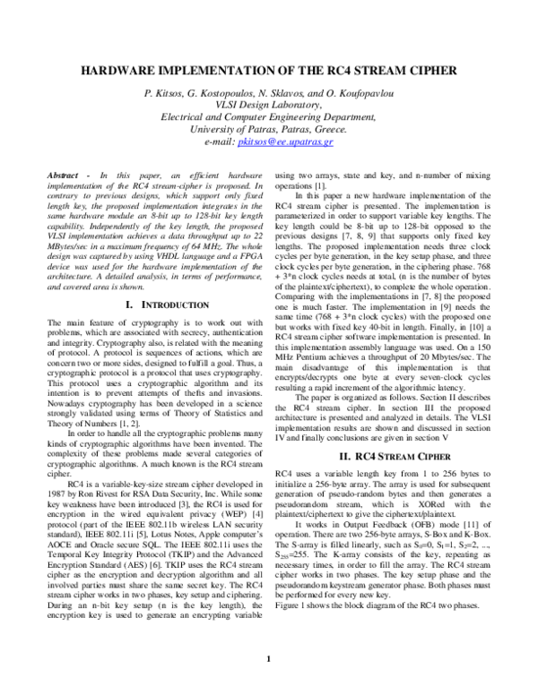 Hardware Implementation Of The Rc4 Stream Cipher