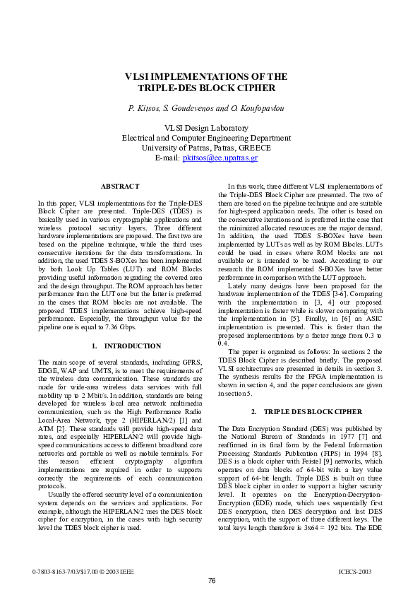 (PDF) VLSI IMPLEMENTATIONS OF THE TRIPLE-DES BLOCK CIPHER