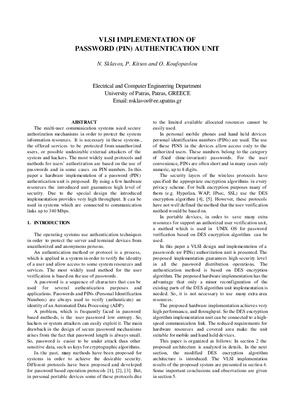 Pdf Vlsi Pin Authentication Using Des Encryption