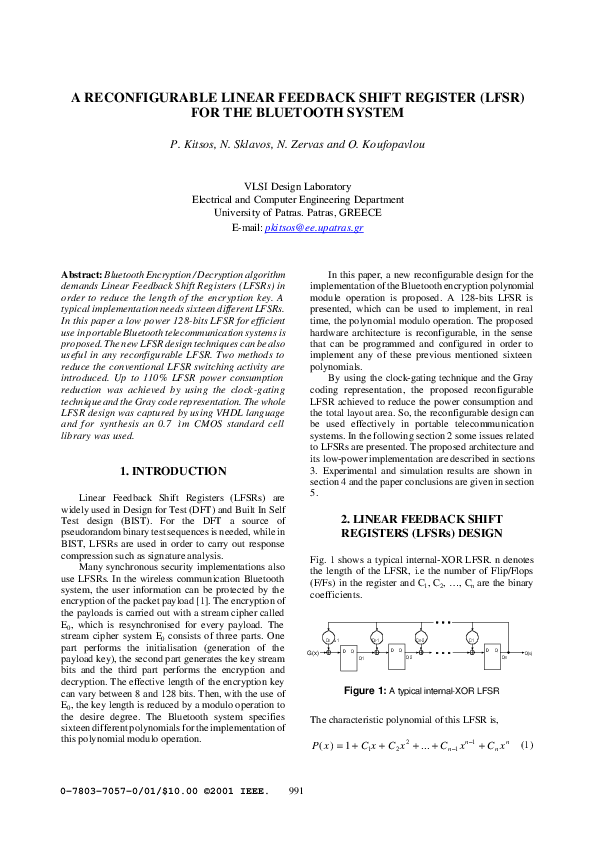 (PDF) A RECONFIGURABLE LINEAR FEEDBACK SHIFT REGISTER (LFSR) FOR THE BLUETOOTH SYSTEM