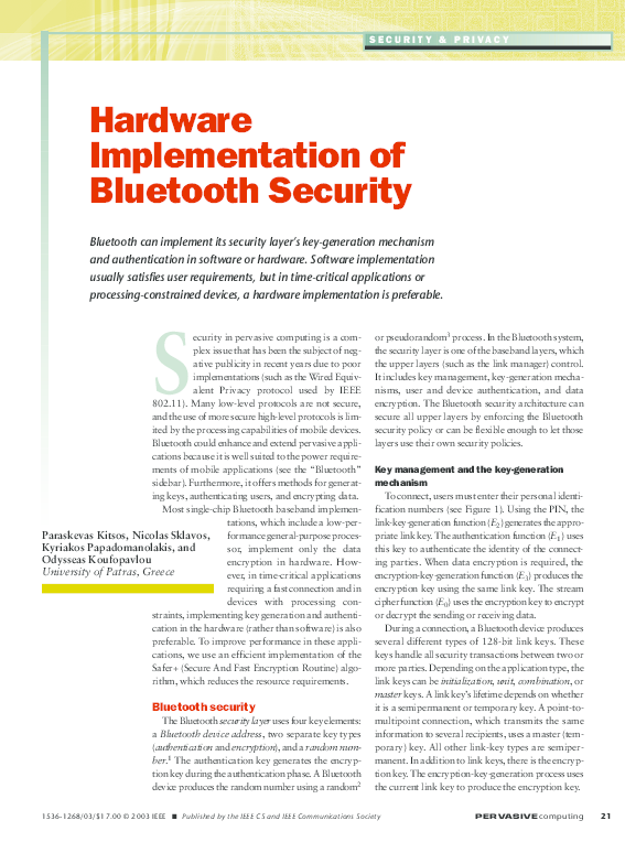 (PDF) Hardware Implementation of Bluetooth Security