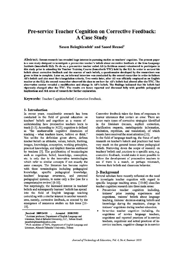 (PDF) Pre-service Teacher Cognition on Corrective Feedback: A Case Study