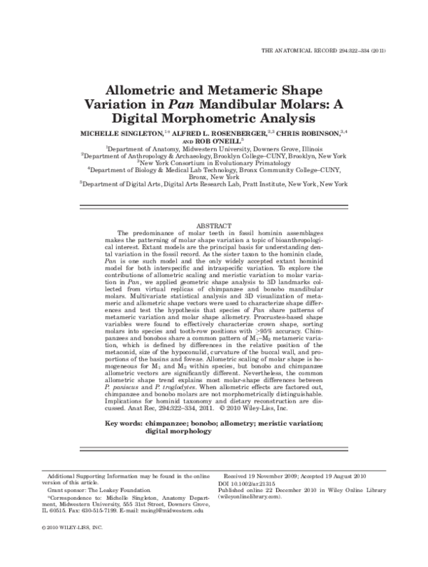 (PDF) Allometric and Metameric Shape Variation in Pan Mandibular Molars: A Digital Morphometric ...