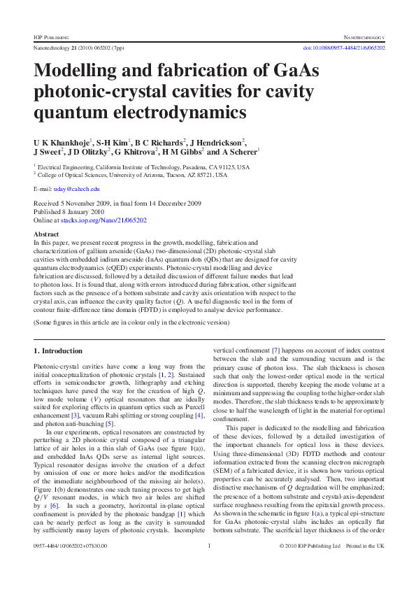 (PDF) Modelling and fabrication of GaAs photonic-crystal cavities for ...