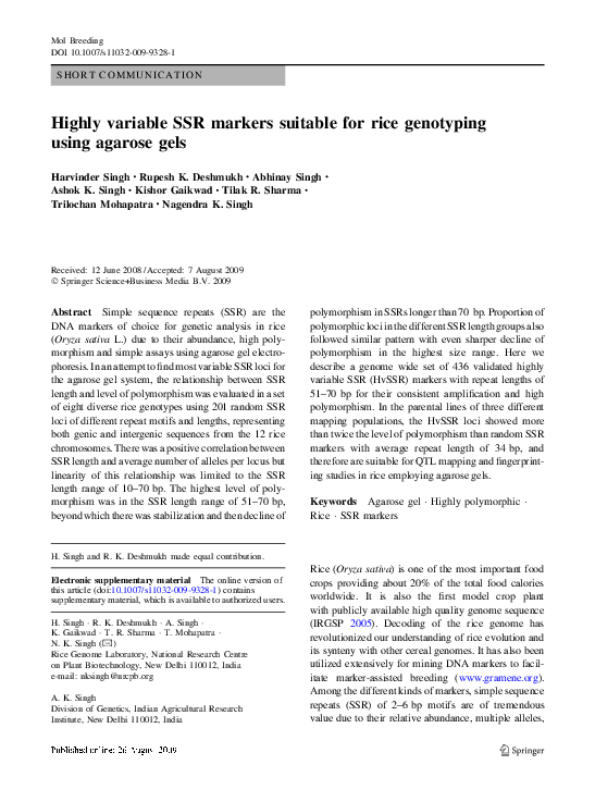 (PDF) Highly Variable SSR Markers Suitable for Rice Genotyping Using ...