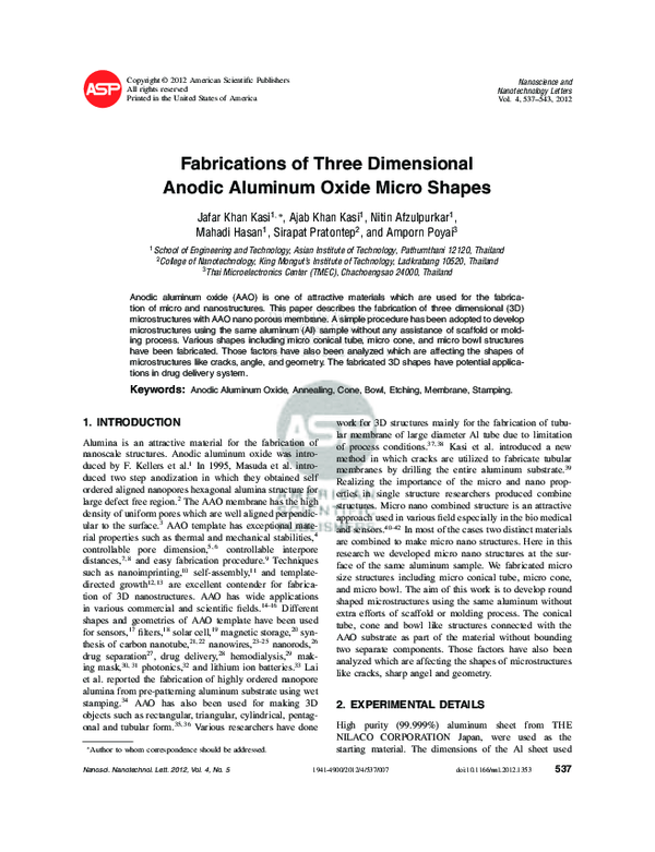 (PDF) Fabrications of three dimensional anodic aluminum oxide micro shapes
