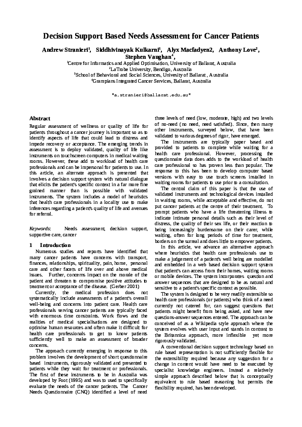 (PDF) Decision Support Based Needs Assessment for Cancer Patients
