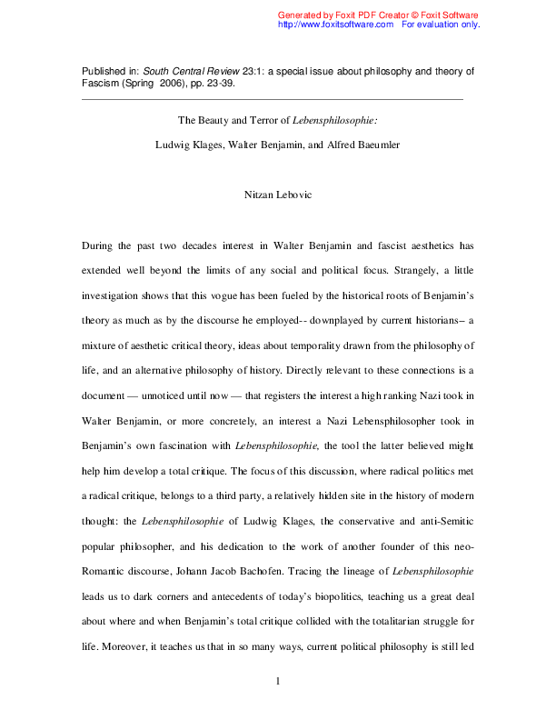 (PDF) The Beauty and Terror of Lebensphilosophie: Ludwig Klages, Walter ...