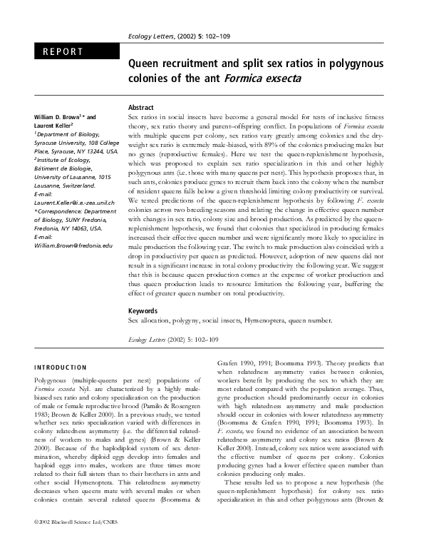(PDF) Queen recruitment and split sex ratios in polygynous colonies of ...