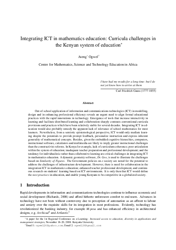 (PDF) Integrating ICT in mathematics education: Curricula challenges in the Kenyan system of ...