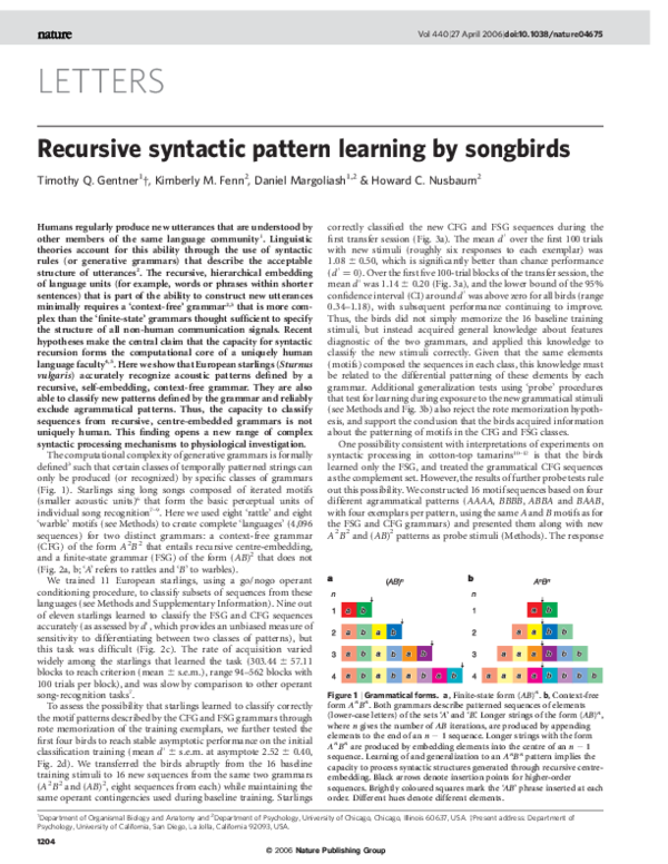 (PDF) Recursive syntactic pattern learning by songbirds