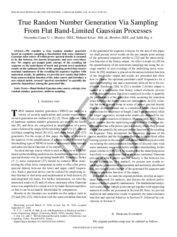 (PDF) True Random Number Generation via Sampling From Flat Band-Limited Gaussian Processes