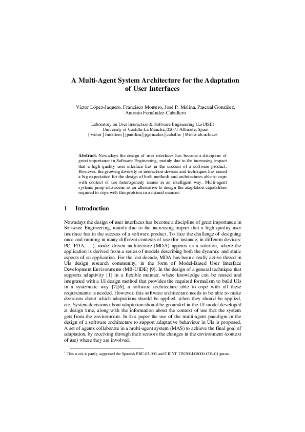 (PDF) A Multi-Agent System Architecture for the Adaptation of User Interfaces