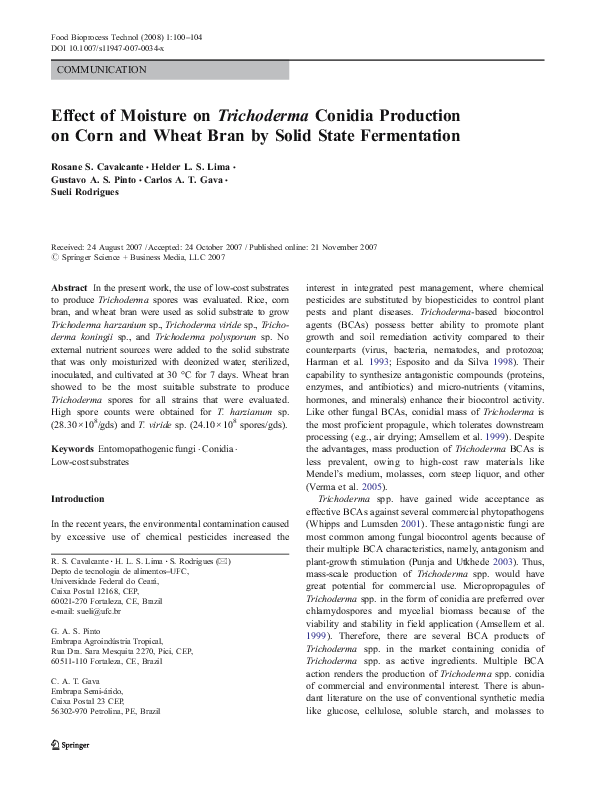 Pdf Effect Of Moisture On Trichoderma Conidia Production On Corn And Wheat Bran By Solid State