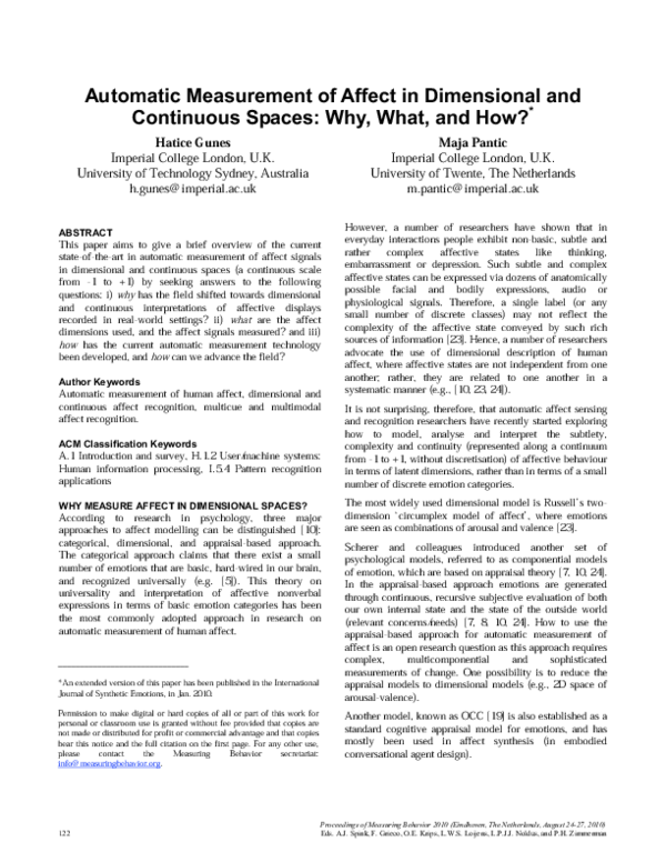 (PDF) Automatic Measurement of Affect In Dimensional and Continuous ...