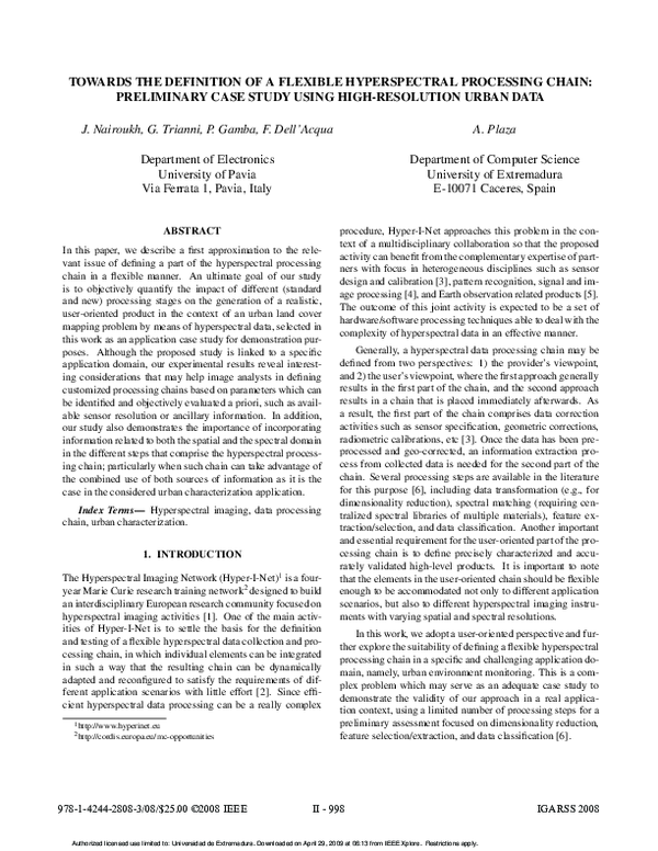 (PDF) TOWARDS THE DEFINITION OF A FLEXIBLE HYPERSPECTRAL PROCESSING CHAIN: PRELIMINARY CASE ...
