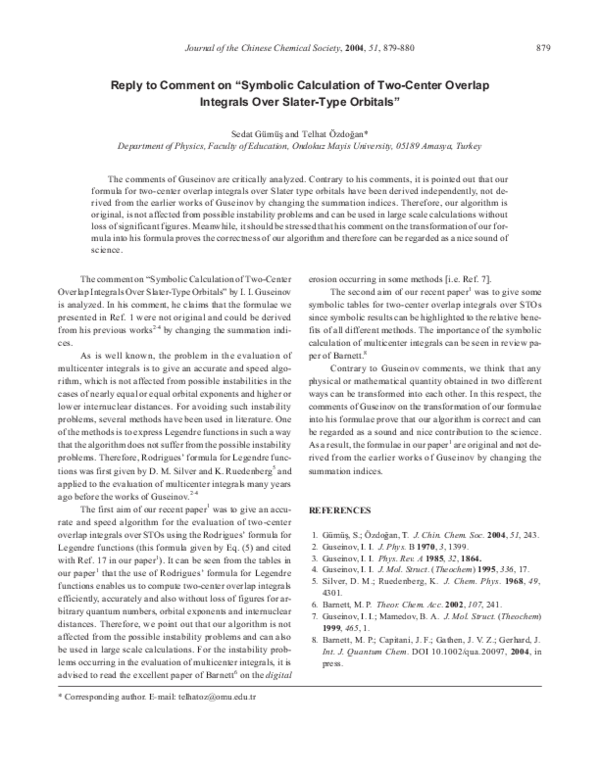 Pdf Reply To Comment On Symbolic Calculation Of Two Center Overlap