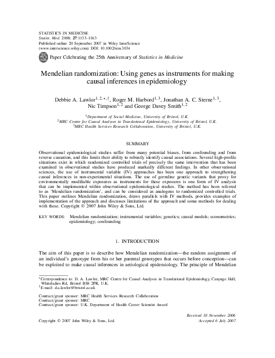 (PDF) Mendelian randomization: Using genes as instruments for making causal inferences in ...