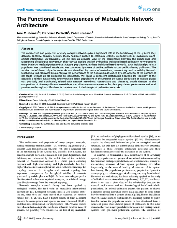 Pdf The Functional Consequences Of Mutualistic Network Architecture