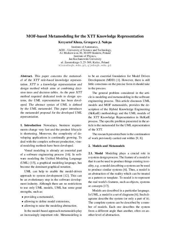 (PDF) MOF-based Metamodeling for the XTT Knowledge Representation