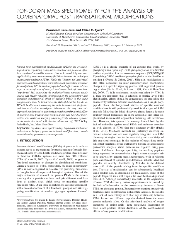 (PDF) Top down mass spectrometry for the analysis of combinatorial post ...