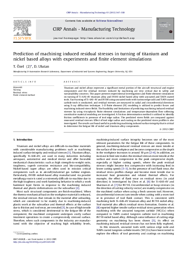 Pdf Prediction Of Machining Induced Residual Stresses In Turning Of Titanium And Nickel Based