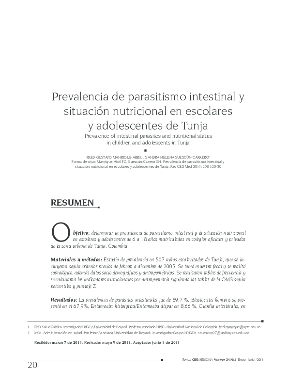 (PDF) PREVALENCIA DE PARASITISMO INTESTINAL Y SITUACIÓN NUTRICIONAL EN ...