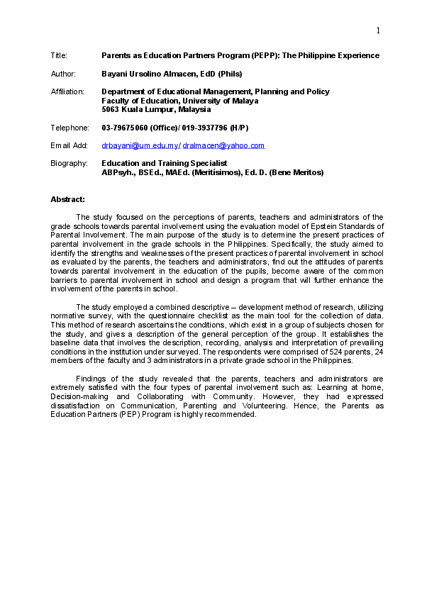 (DOC) Parents as Education Partners (PEP) Program: The Philippine ...
