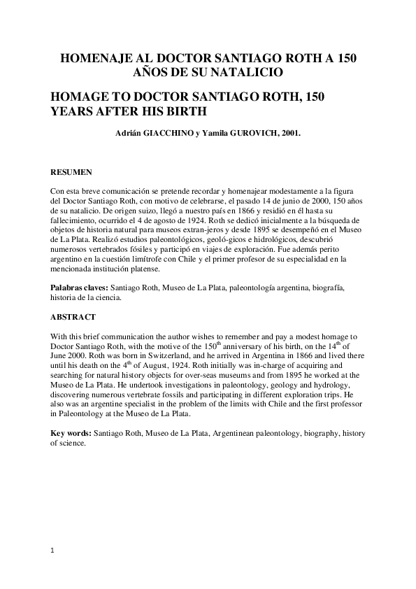 (PDF) HOMENAJE AL DOCTOR SANTIAGO ROTH A 150 AÑOS DE SU NATALICIO