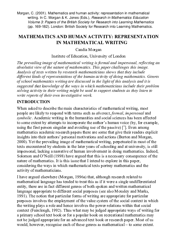 (DOC) Mathematics and human activity: Representation in mathematical ...