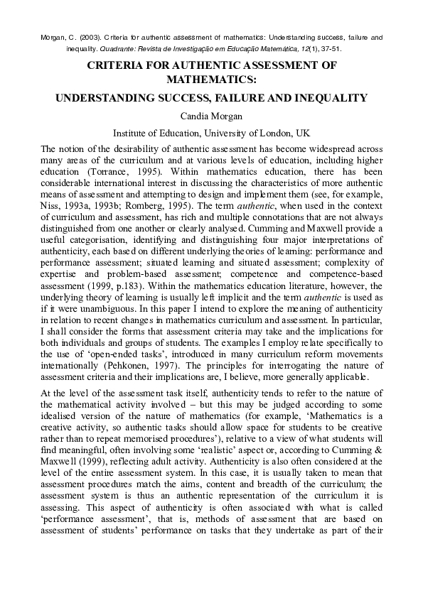 (PDF) Criteria for Authentic Assessment of Mathematics: Understanding ...