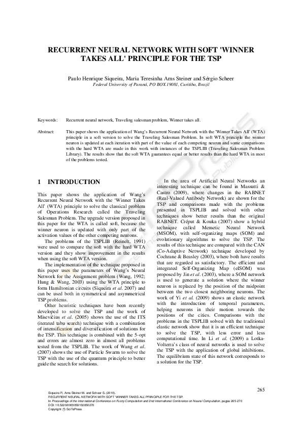 (PDF) Recurrent Neural Network with Soft 'Winner Takes All' principle for the TSP