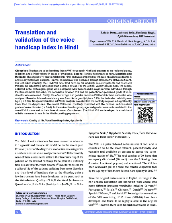 (PDF) Translation and validation of the voice handicap index in Hindi