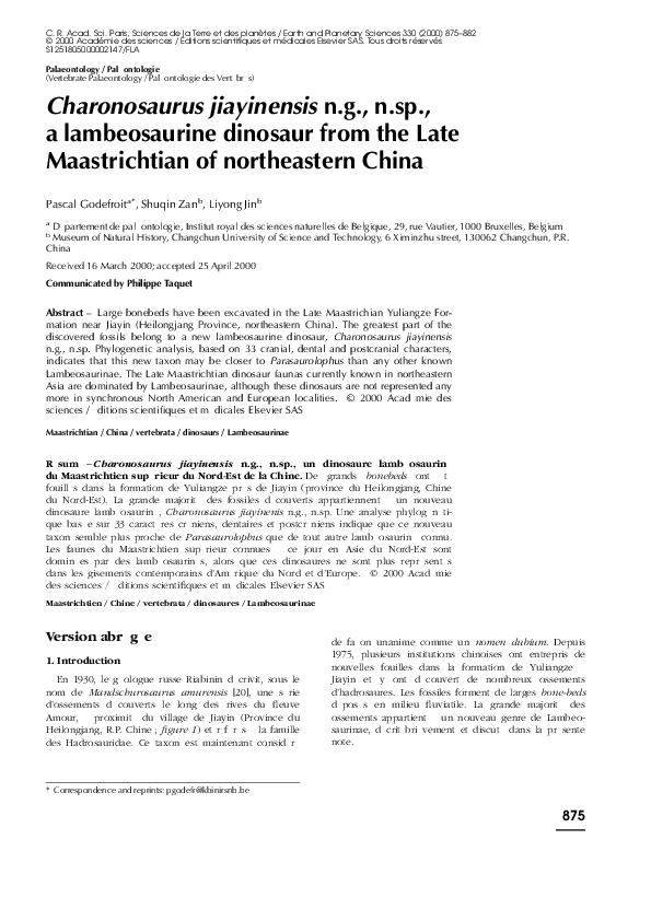 (PDF) Charonosaurus Jiayinensis Ng, N. Sp., a Lambeosaurine Dinosaur ...