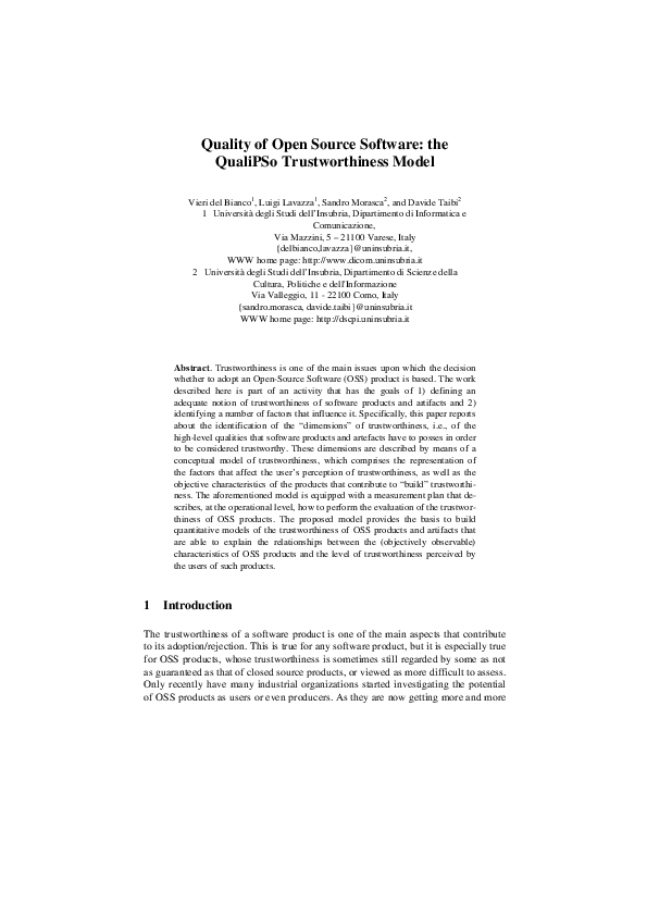 (PDF) Quality of Open Source Software: the QualiPSo Trustworthiness Model