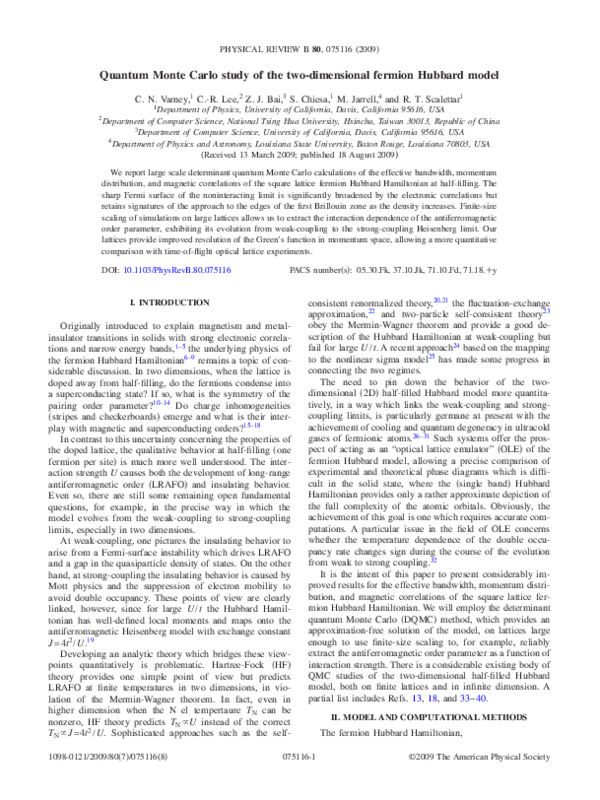 (PDF) Quantum Monte Carlo study of the two-dimensional fermion Hubbard model