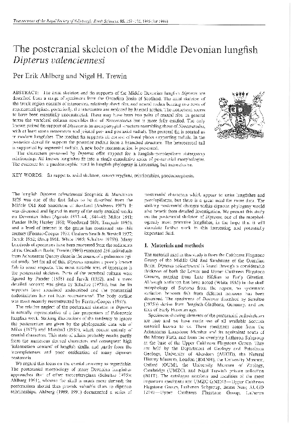 (PDF) The Postcranial Skeleton of the Middle Devonian Lungfish Dipterus ...